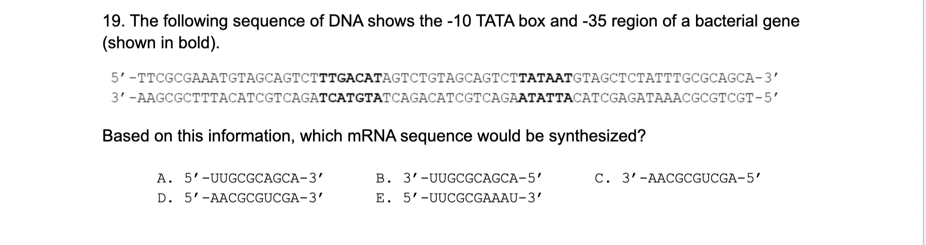 Solved 19. The following sequence of DNA shows the -10 TATA | Chegg.com
