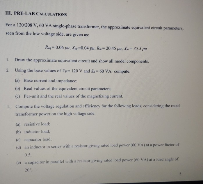 Solved III. PRE-LAB CALCULATIONS For a 120/208 V, 60 VA | Chegg.com