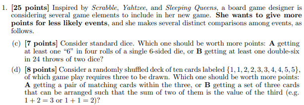 Solved 1. [25 points) Inspired by Scrabble, Yahtzee, and | Chegg.com