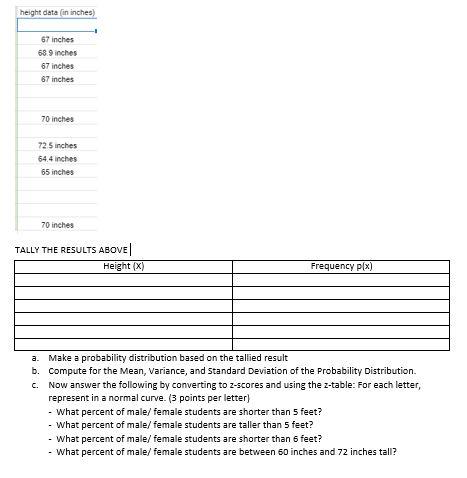 Solved height data (in inches) 67 inches 68.9 inches 67 | Chegg.com