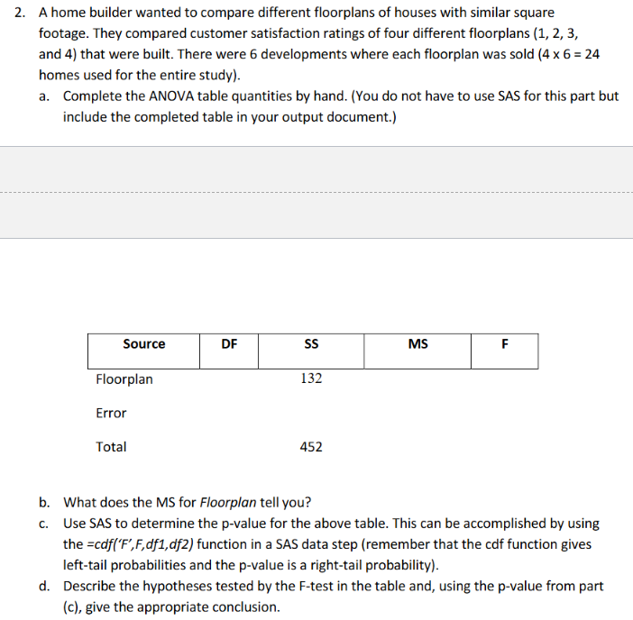 Solved 2. ﻿A home builder wanted to compare different | Chegg.com