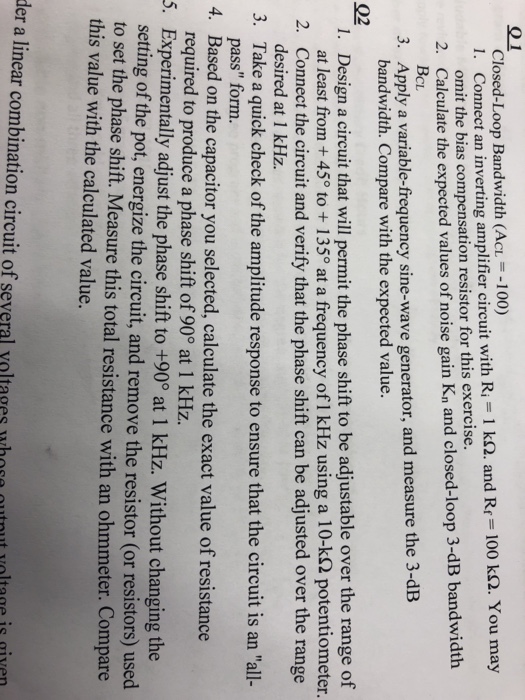 Solved 01 Closed-Loop Bandwidth (AcL -100) Connect an | Chegg.com