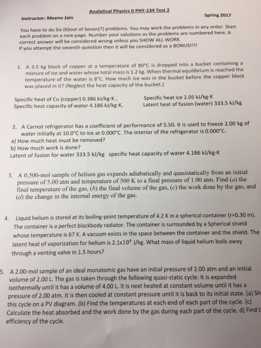 Solved Analytical Physics I PHY-134 Test 2 Spring 2017 | Chegg.com