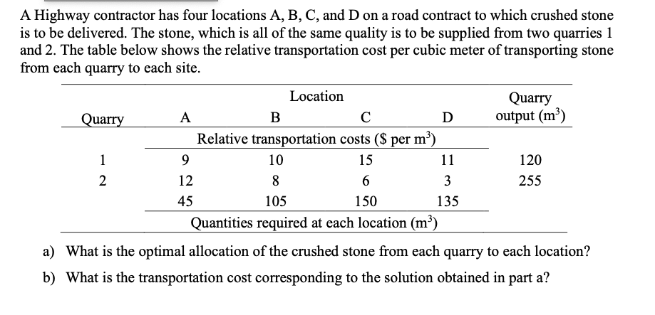 Solved A Highway contractor has four locations A,B,C, and D | Chegg.com