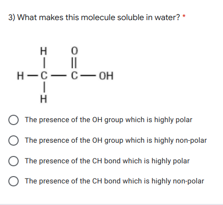 Solved 3) What makes this molecule soluble in water? * H 0 | Chegg.com