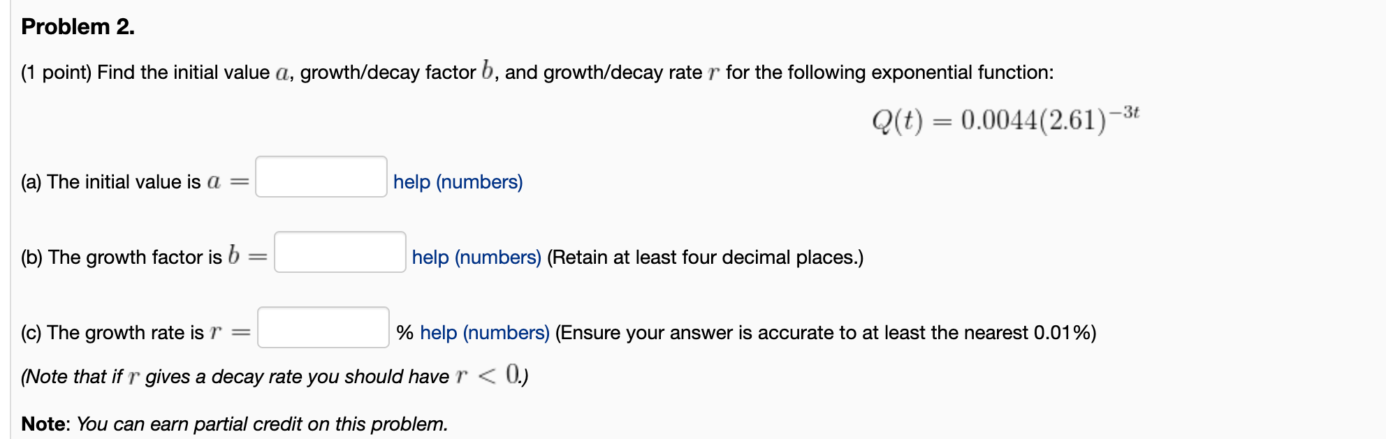 Solved (1 point) Find the initial value a, growth/decay | Chegg.com