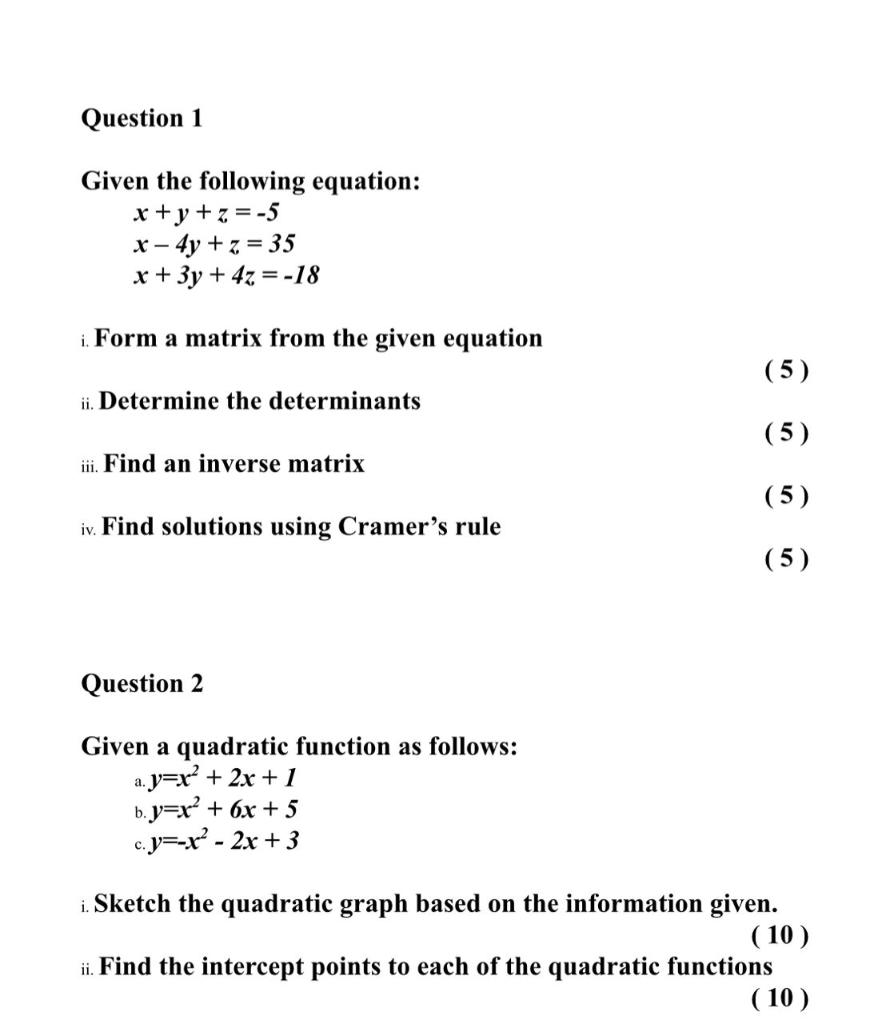 Solved Question 1 Given the following equation: x + y + z | Chegg.com