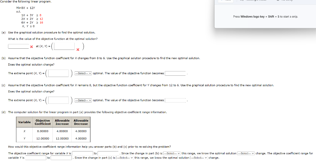 Solved Consider the following linear program. Min 8X+12Y | Chegg.com