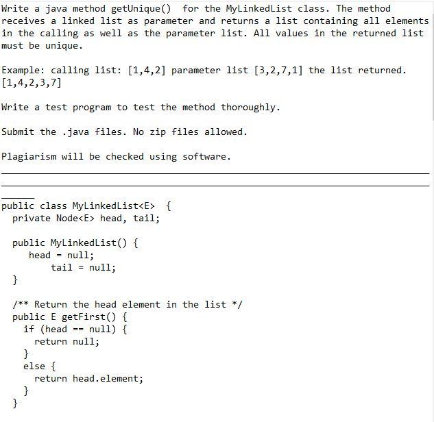 Solved Write a java method getUnique() for the MyLinkedList | Chegg.com