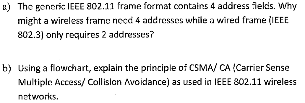 Solved a) The generic IEEE 802.11 frame format contains 4 | Chegg.com