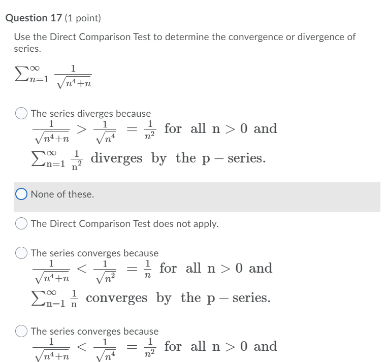 Solved Question 17 (1 point) Use the Direct Comparison Test | Chegg.com