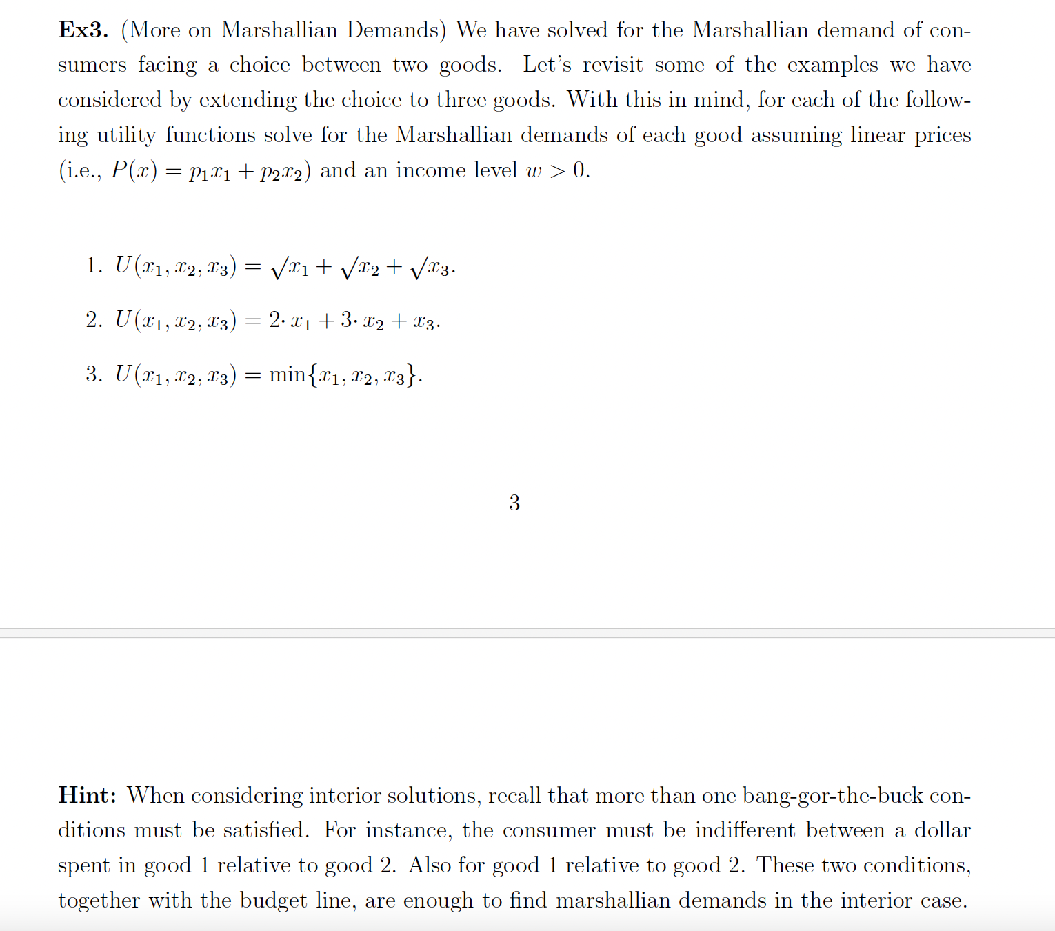 Ex3. (More on Marshallian Demands) We have solved for | Chegg.com