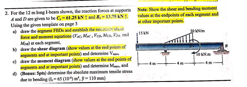 Solved 2. For the 12 m long I-beam shown, the reaction | Chegg.com
