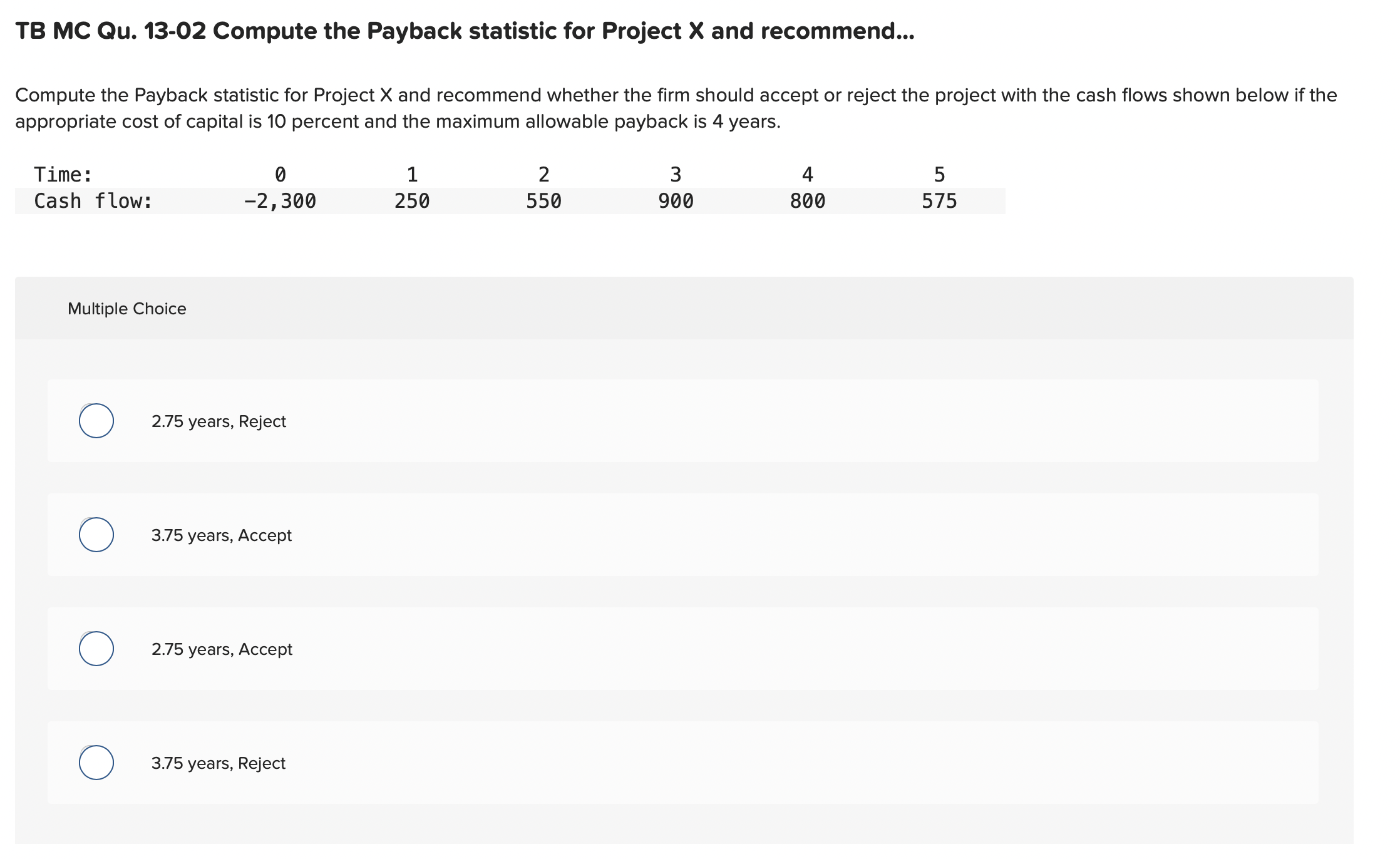 Solved TB MC Qu. 13-02 Compute the Payback statistic for | Chegg.com