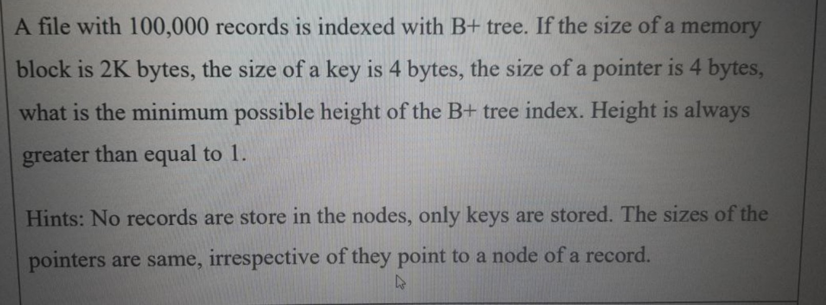 Solved A file with 100,000 ﻿records is indexed with B+ | Chegg.com