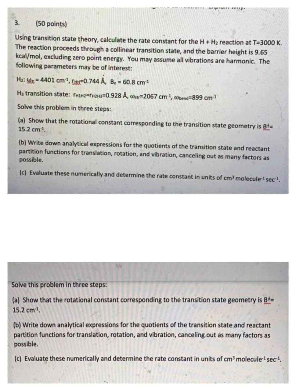 3. (50 points) Using transition state theory, | Chegg.com