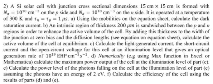 2) A Si solar cell with junction cross sectional | Chegg.com