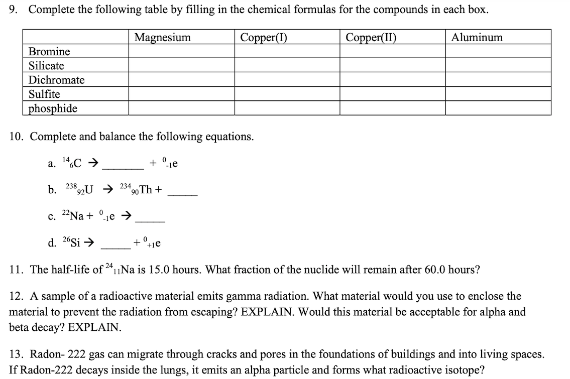 Solved 9. Complete the following table by filling in the | Chegg.com