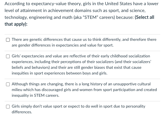Solved According to expectancy-value theory, girls in the | Chegg.com