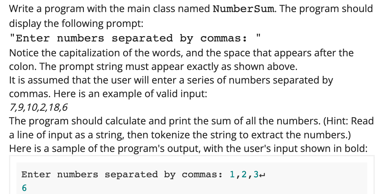 Solved Write a program with the main class named Numbersum. | Chegg.com