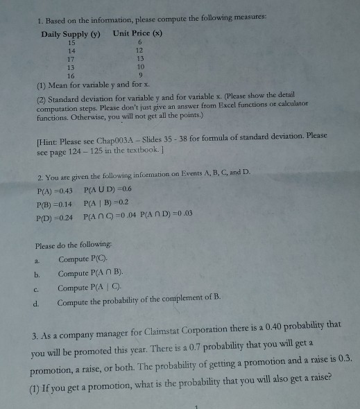 Solved 1. Based on the information, please compute the | Chegg.com