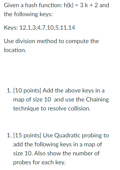 Solved Given a hash function: h(k) = 3 k + 2 and the | Chegg.com