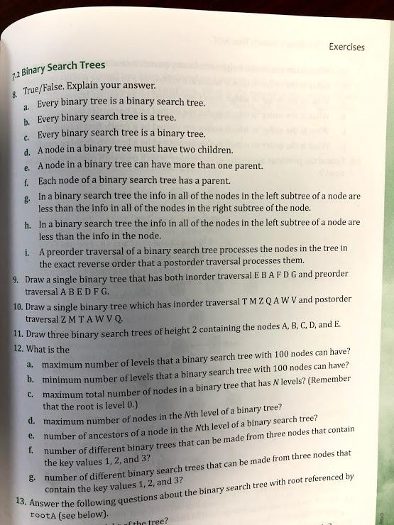 Solved Exercises 7.2 Binary Search Trees & True/False. | Chegg.com