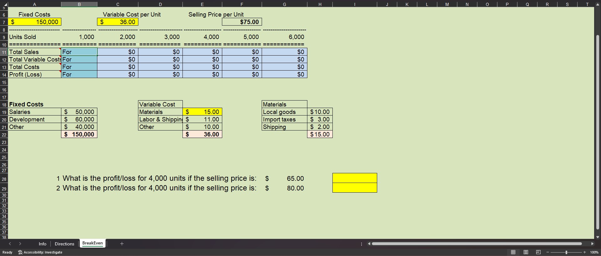 Solved This is a break-even analysis. What formulas are | Chegg.com