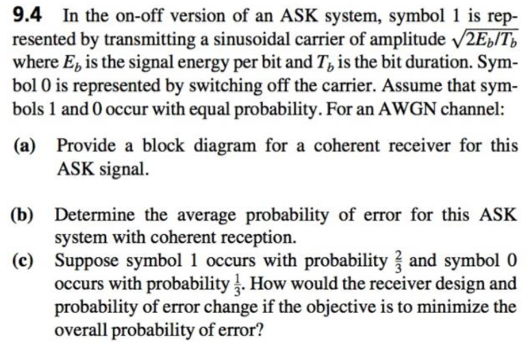 Solved 9.4 In the on-off version of an ASK system, symbol 1 | Chegg.com