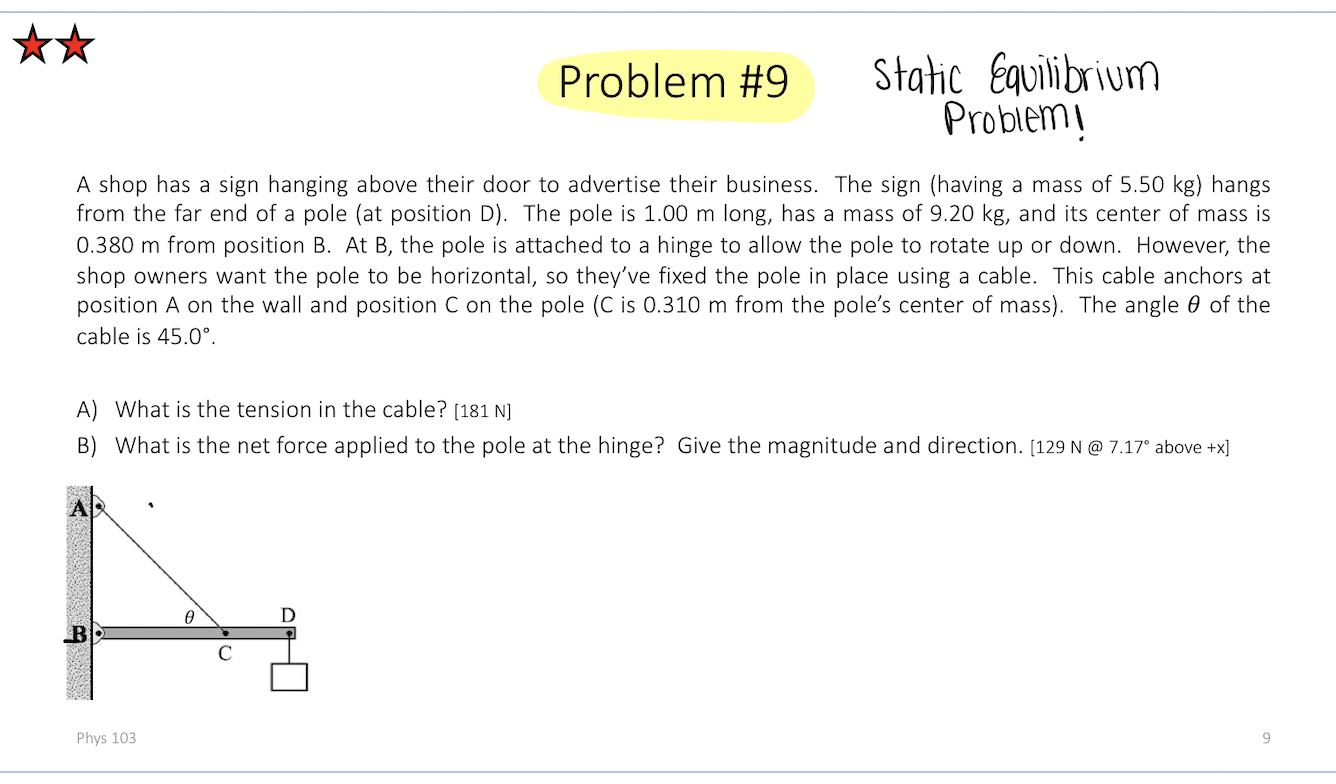 Solved ** Problem #9 Static Equilibrium Problemi A shop has | Chegg.com
