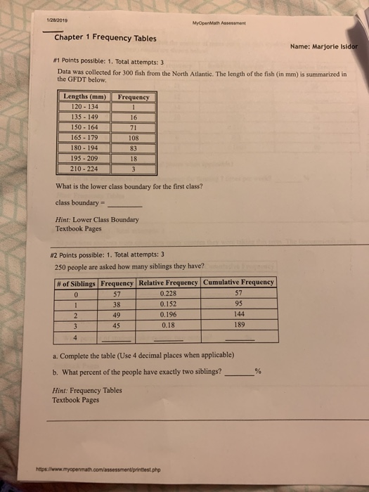 Solved 128/2019 Chapter 1 Frequency Tables Name: Marjorie | Chegg.com
