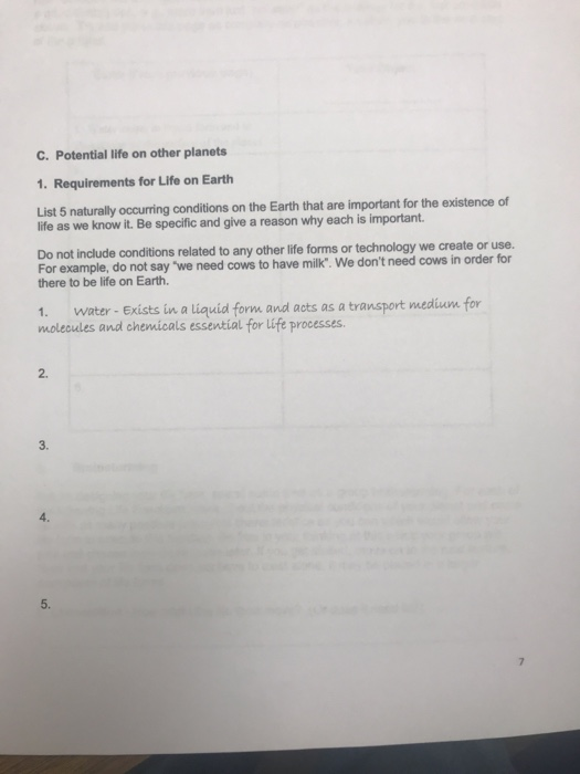 Solved C. Potential life on other planets 1. Requirements | Chegg.com