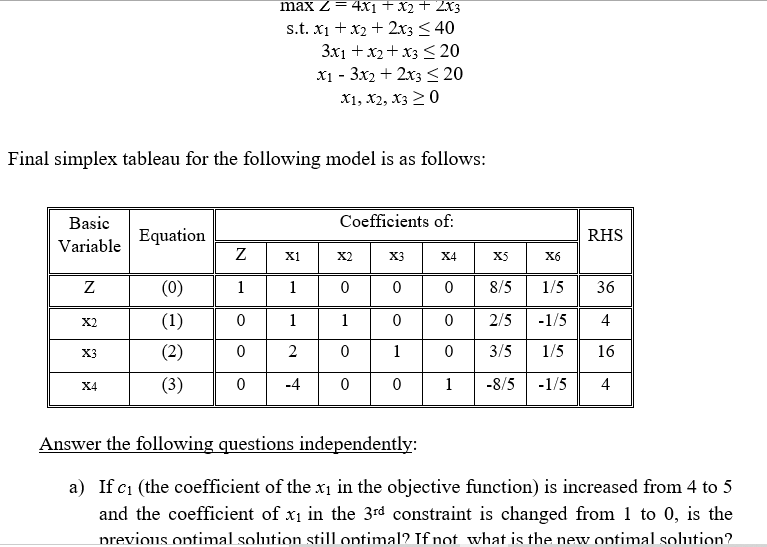 Solved max Z= 4X1 + X2 + 2X3 s.t. X1 + x2 + 2x3