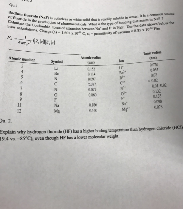 Solved Qu.1 Sodium fluoride (NaF) is colorless or white is | Chegg.com