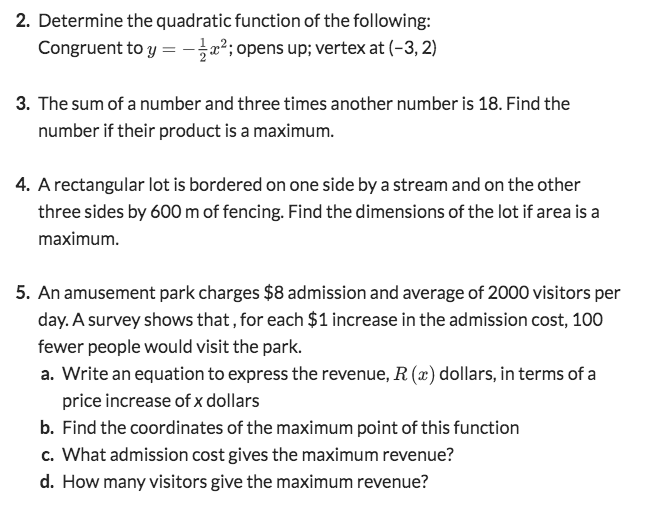 Solved 2. Determine the quadratic function of the following: | Chegg.com