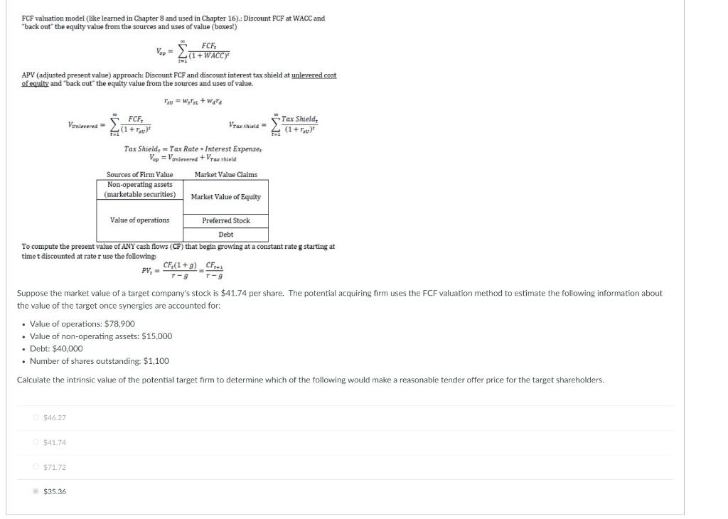 Solved FCF valuation model (like learned in Chapter 8 and | Chegg.com