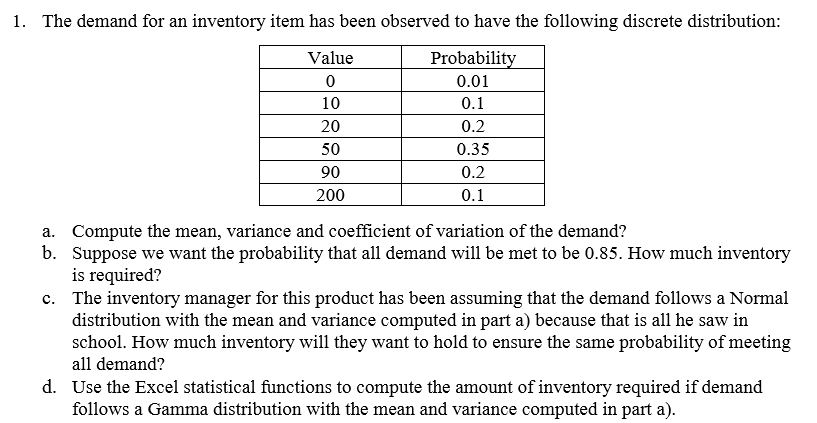 Solved 1. The demand for an inventory item has been observed | Chegg.com