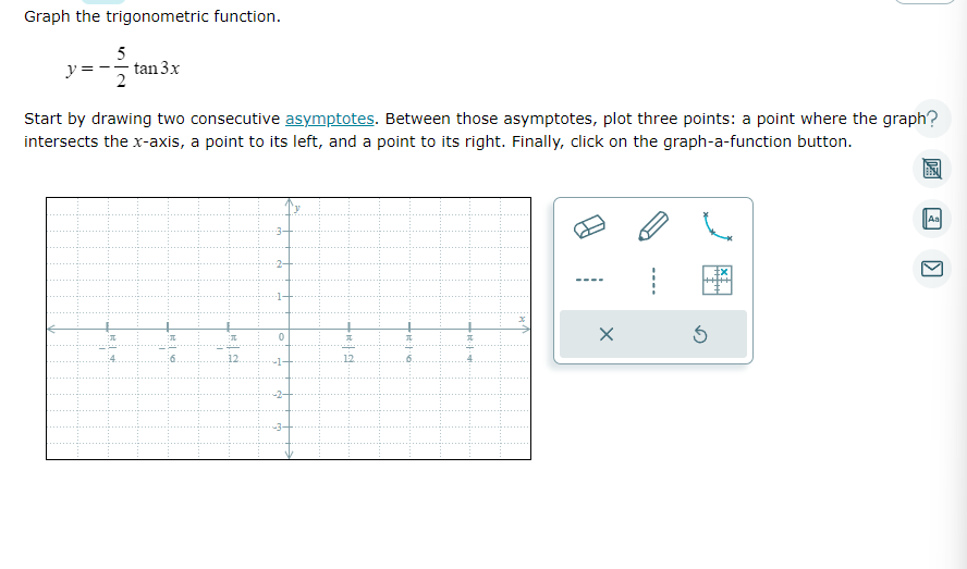 Graph the trigonometric function. y=-(5)/(2)tan 3x | Chegg.com