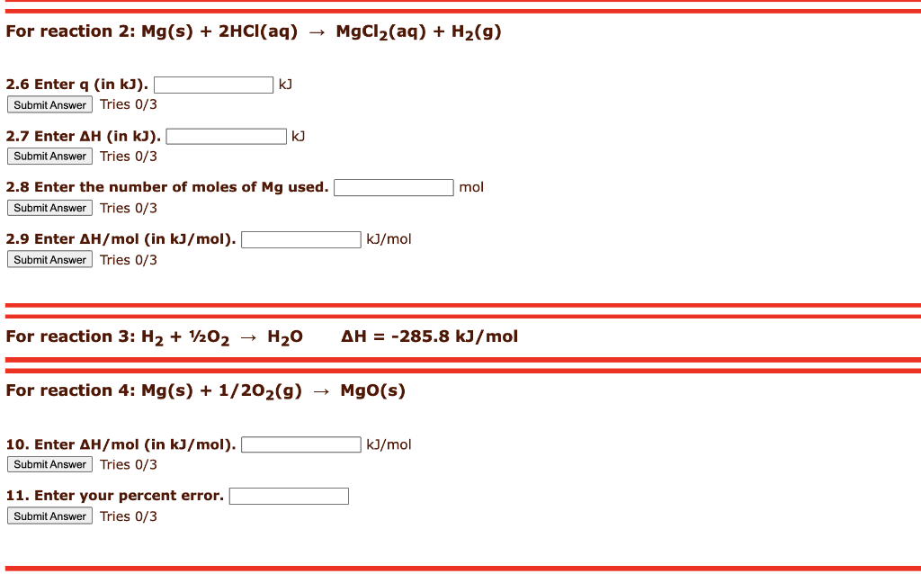 Solved For Reaction 1: Mgo(s) + 2HCl(aq) MgCl2(aq) + H2O(1) | Chegg.com