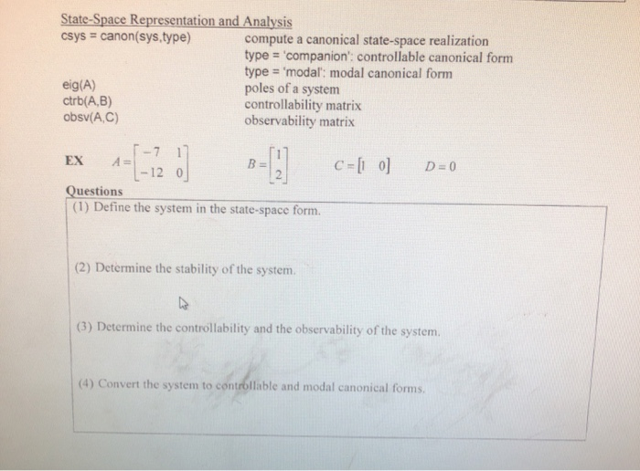 Solved State-Space Representation and Analysis csys | Chegg.com