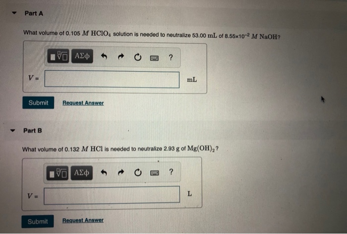 Solved Part A what volume of 0.105 M HClO4 solution is | Chegg.com