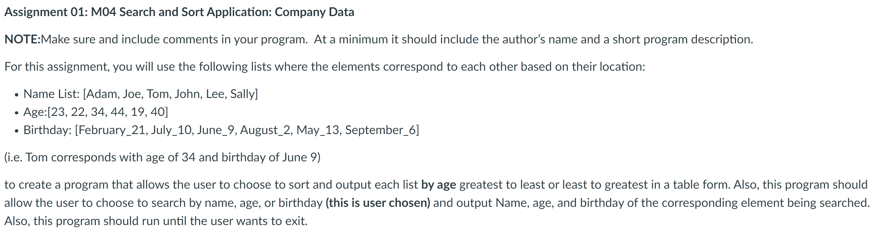 Solved Assignment 01: M04 Search and Sort Application: | Chegg.com