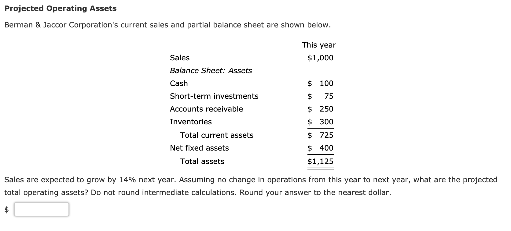 Solved Projected Operating AssetsBerman & Jaccor | Chegg.com