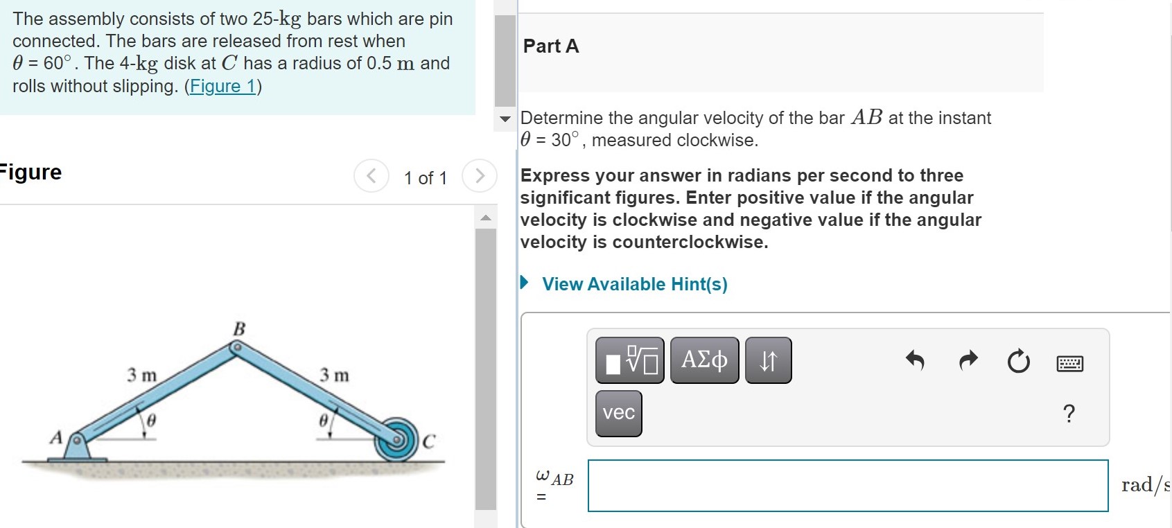 Solved The assembly consists of two 25−kg bars which are pin | Chegg.com