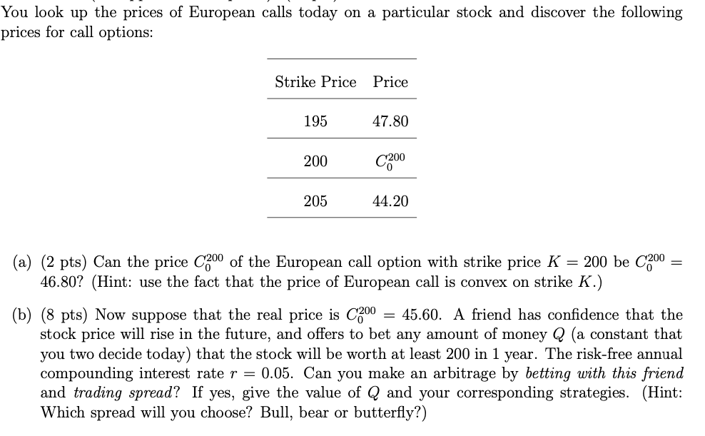 You look up the prices of European calls today on a | Chegg.com
