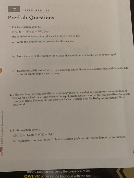 Solved EXPERIMENT 17 Pre-Lab Questions 1. For the reaction | Chegg.com