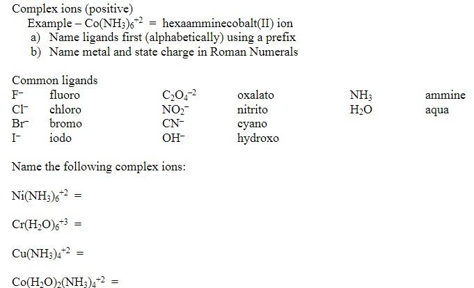 Solved = Complex ions (positive) Example - Co(NH3)+2 = | Chegg.com