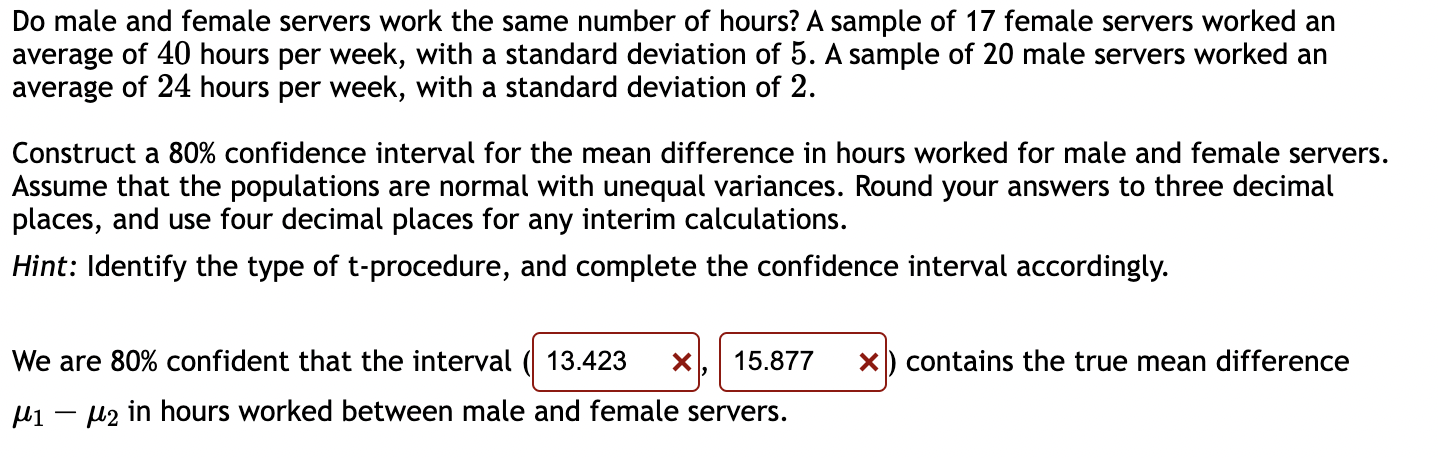 Solved Do male and female servers work the same number of | Chegg.com