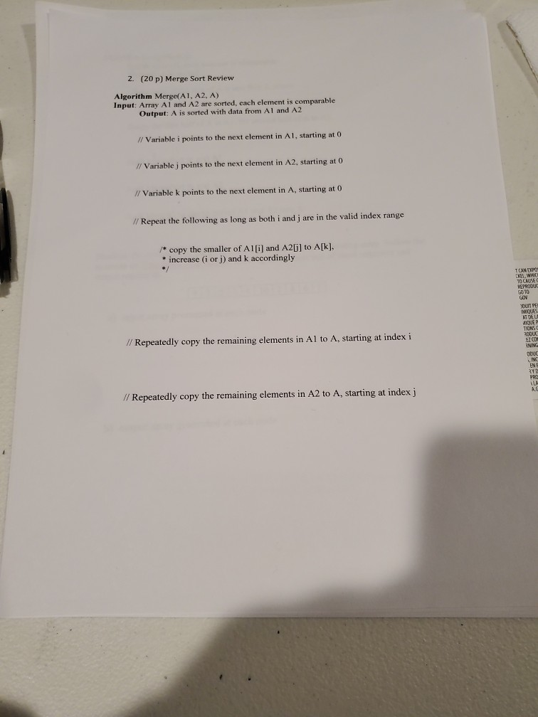 Solved 2. (20p) Merge Sort Review Algorithm Merge A1, A2, A) | Chegg.com