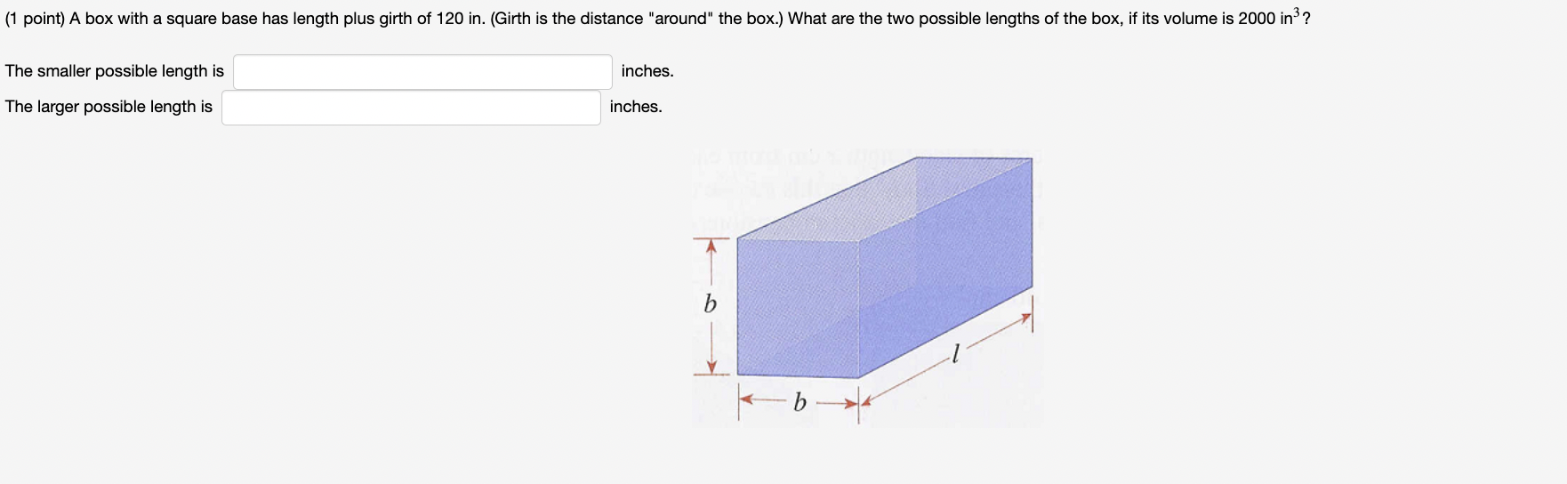 [Solved]: (1 point) A box with a square base has length pl